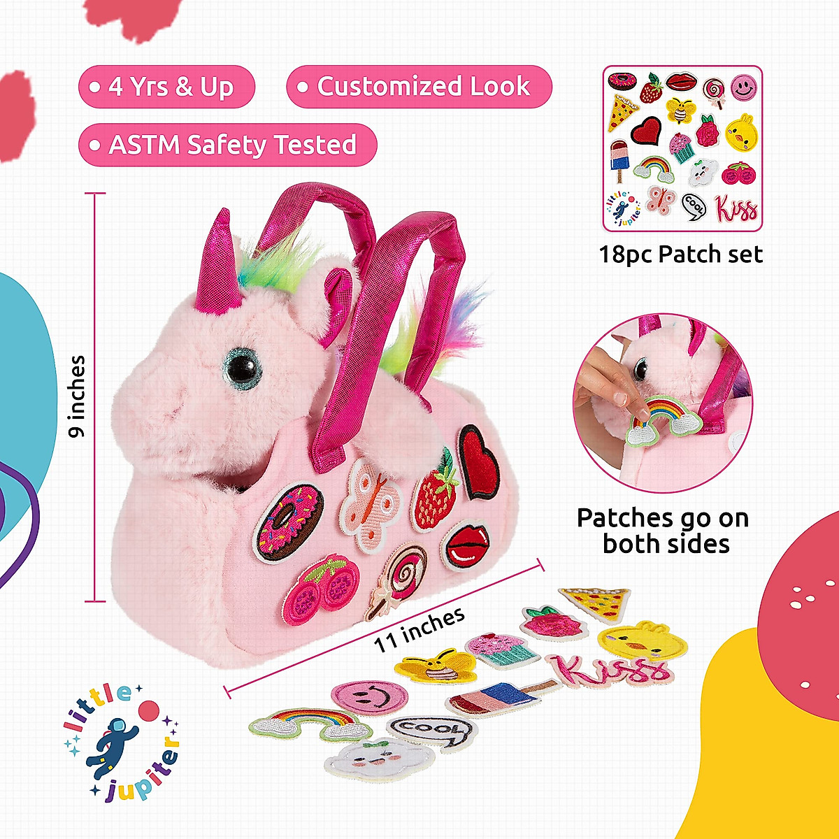 Little Jupiter Pet Plush Bag Purse Set with 18pc Removable Patch Set & Pink & Rainbow Details - Unicorn Stuffed Animals for Girls - Cute Plushie - Cute Toy Plushies - Girls Toys - Age 4-7