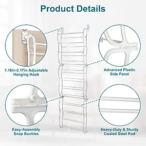 Zorpupoa Over the Door Shoe Rack, 12 Layers 36 Pair Shoes Wall Hanging Shelf Storage Shoe Organizer, Fold-up Non-slip Bars, White