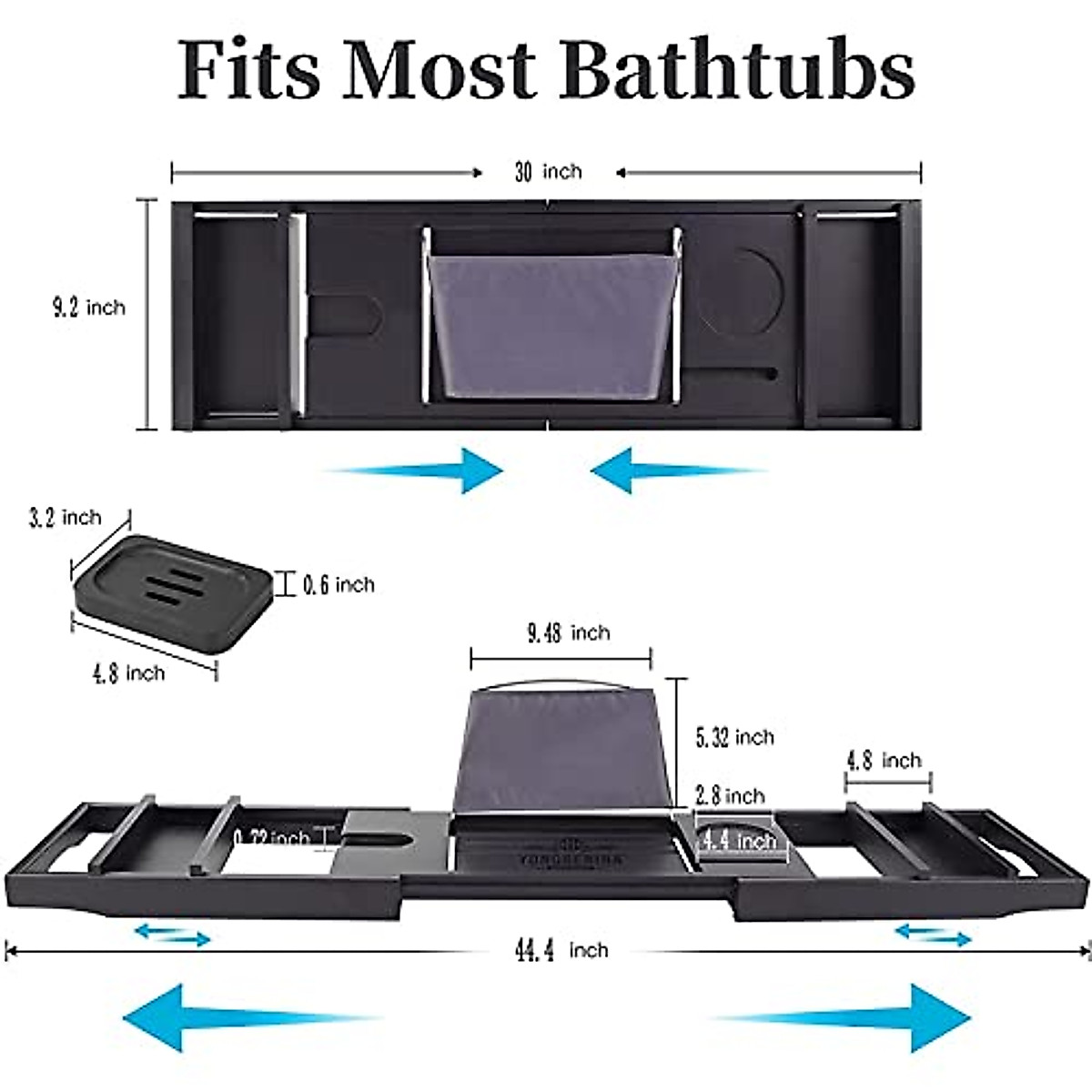 Luxury Bamboo Bathtub Caddy Tray, Yongsenina Premium 1 or 2 Person Bath Tray for Tub, Bath Tub Table with Wine Slots and Bath Book Holder Free Soap Dish - Black