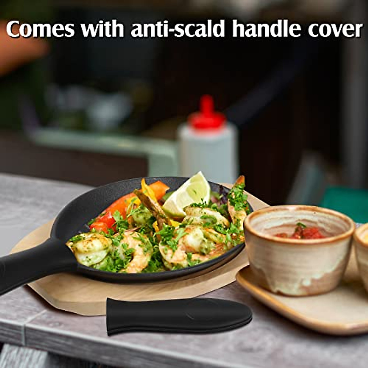 Tanlade 3 Sets Cast Iron Skillets Pre Seasoned Fajita Pan Heavy Duty Construction Sizzling Plates with Wooden Base and Silicone Handle Mitt, Black