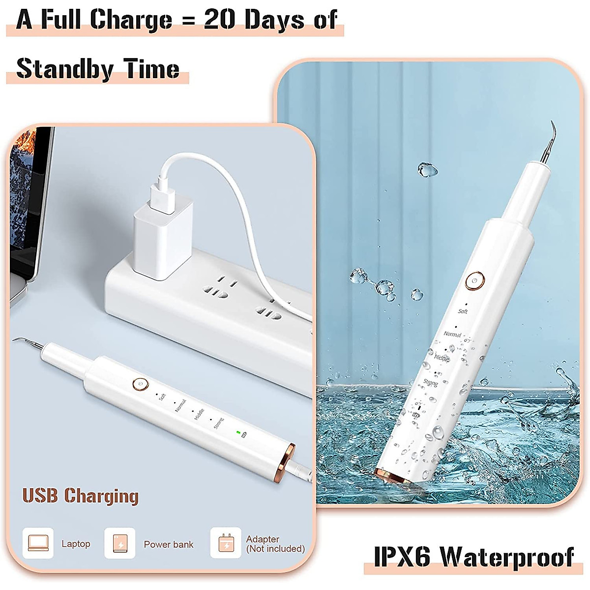 Plaque Remover for Teeth, Electric Tooth Cleaner Tartar Remover for Teeth with LED Light,4 Modes Rechargeable Teeth Cleaning Kit with Dental Tools, 2 Replaceable Heads (White A)