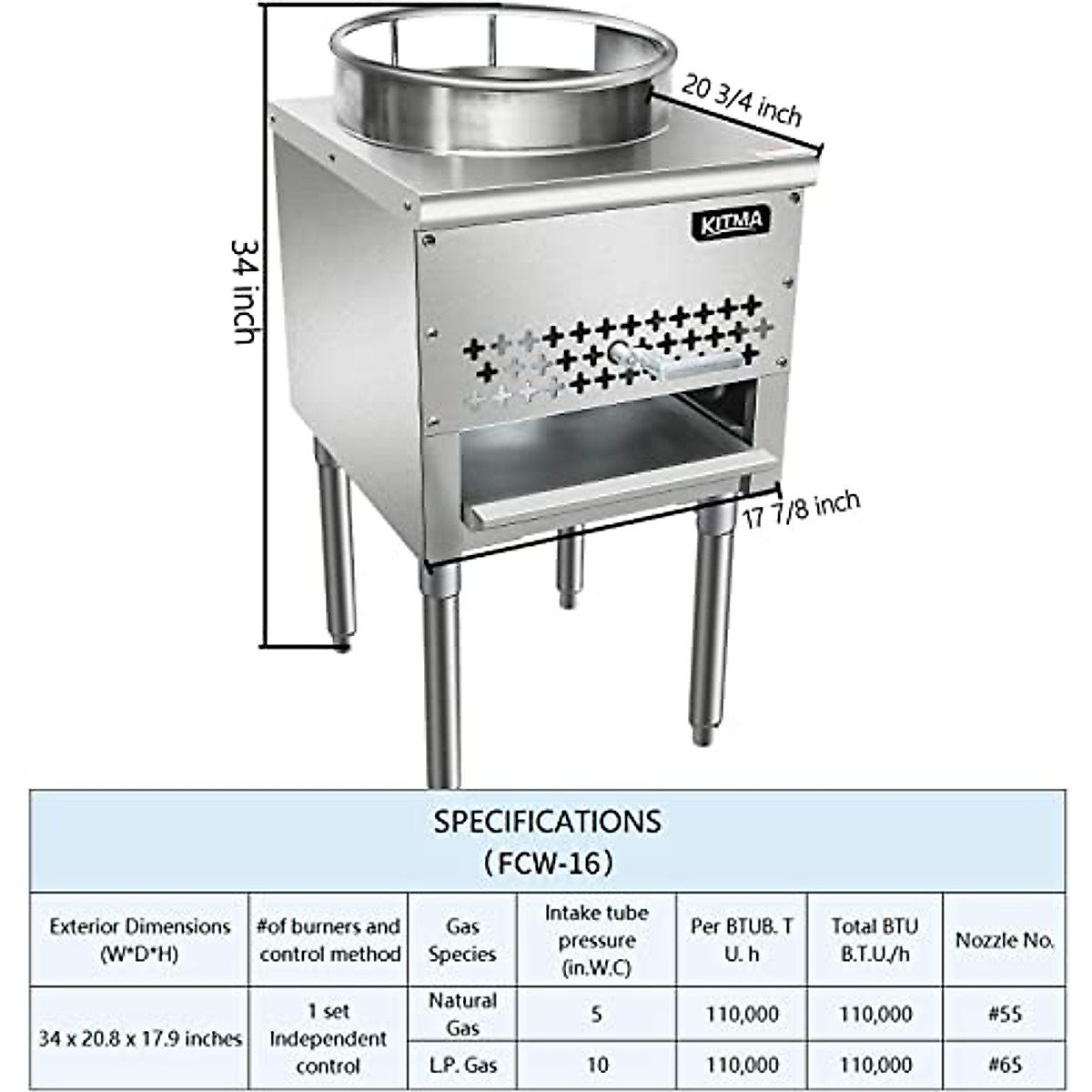 KITMA 16 Inch Wok Range - Natural Gas Range Top Wok, Outdoor Gas Stove Wok Burner, 111,000 BTU