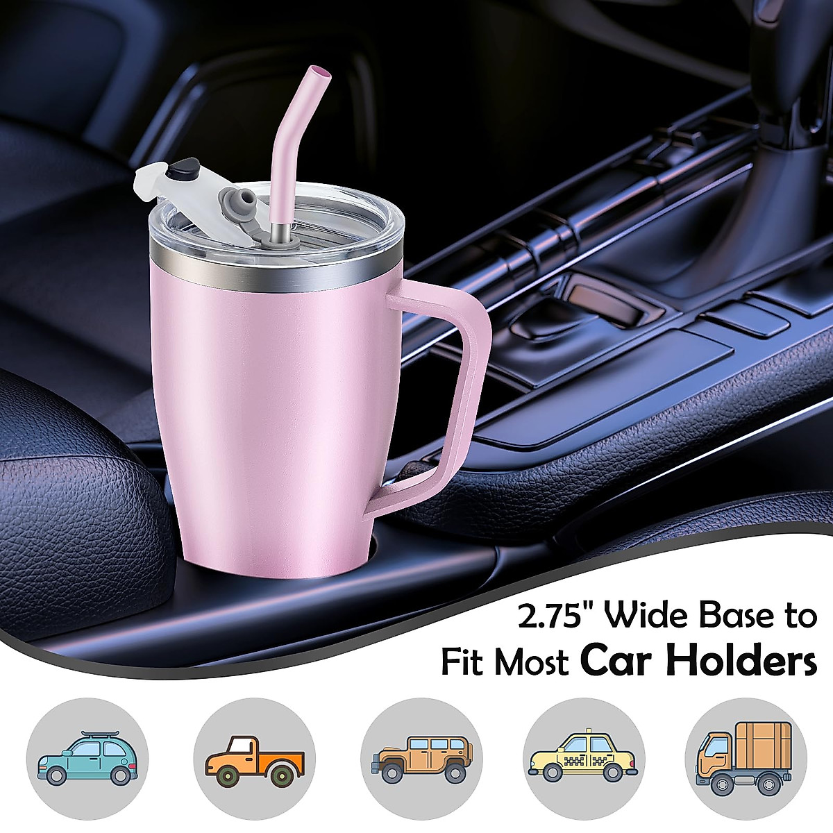 Hamino 30 oz Tumbler with Lid and Straw Handle, Double-Wall Vacuum Travel Coffee Mug with Handle, Stainless Steel Insulated Coffee Tumbler Mug Cup for Home Office Travel HOT COLD Drinks (Dream Pink)