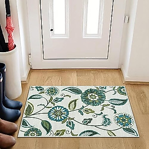 KIMODE Floral Door Mat 24''x36'', Washable Non-Slip Entryway Rugs Indoor,Front Indoor Doormat,Low-Pile Distressed Plant Print Throw Rug for Entrance/Kitchen/Hallway/High Traffic Areas