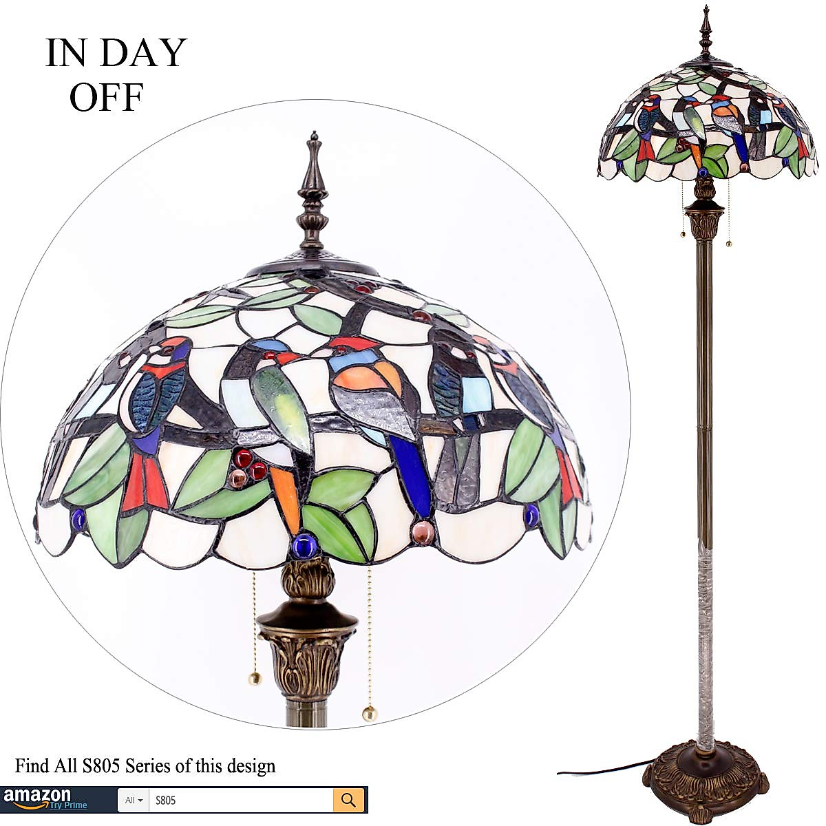 WERFACTORY Tiffany Floor Lamp Double Birds Amber Stained Glass Standing Reading Light 16X16X64 Inches Antique Pole Corner Lamp Decor Bedroom Living Room Home Office S805 Series