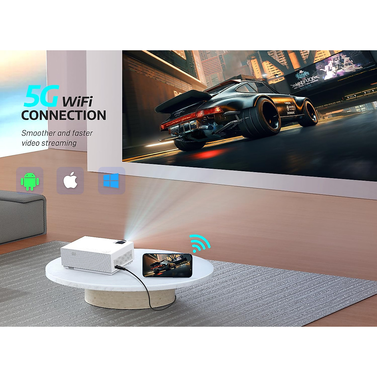 Alvar Mini Projector Native1080P Full HD Portable WiFi Projector 4k Supported, Bluetooth Projector Compatible with iOS Android Laptop TV Stick HDMI PS5