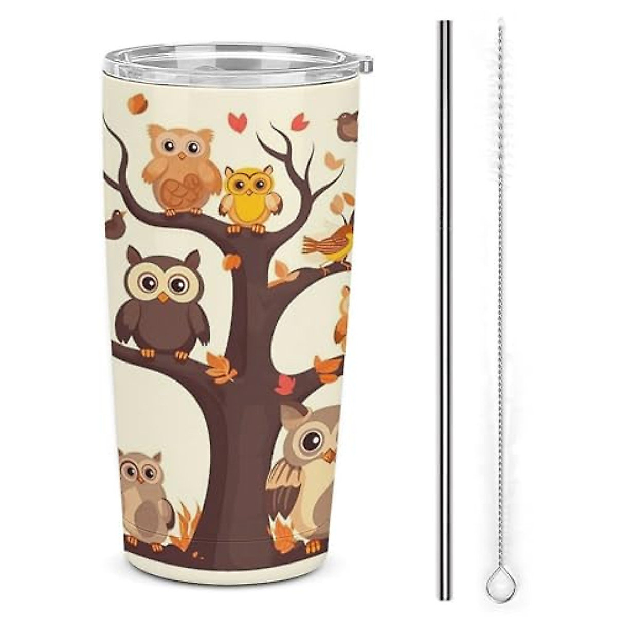 ZXDSKGYN 20 Oz Tumbler With Straw Leak Proof Thermos Cup, Cartoon Family Owls On The Brown Tree Stainless Steel Insulated Travel Coffee Mug Fit for Car Cup Holder