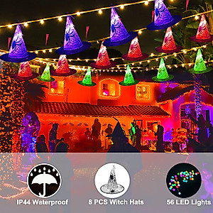 Lighted Hanging Witch Hats for Halloween Decorations, 8Pcs Color Changing 17FT 56 LED Light Up Witch Hats String Lights with Remote for Indoor Outdoor Party Yard Garden Tree Halloween Decor