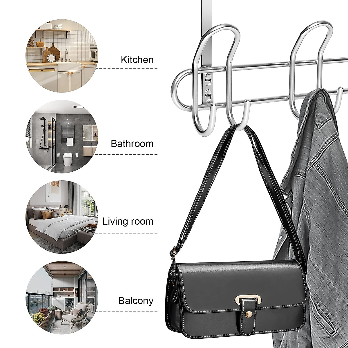 horkmous Over The Door Hooks, Behind Door Coat Hangers for Hanging Heavy Robes, Towels, Clothing, etc. Aesthetic Design Over Door Coat Rack, Coat Hooks, Towel Hangers for Bathroom, Silver