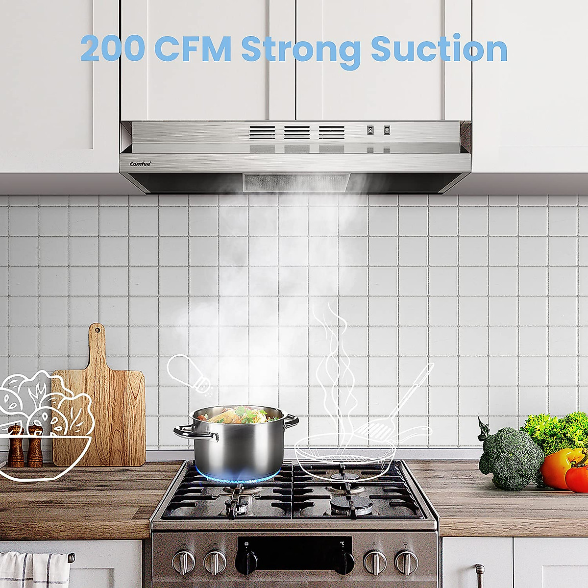 Comfee CVU30W2AST 30 Inch Range Hood and Broan-NuTone 24x30 Stainless Steel Backsplash