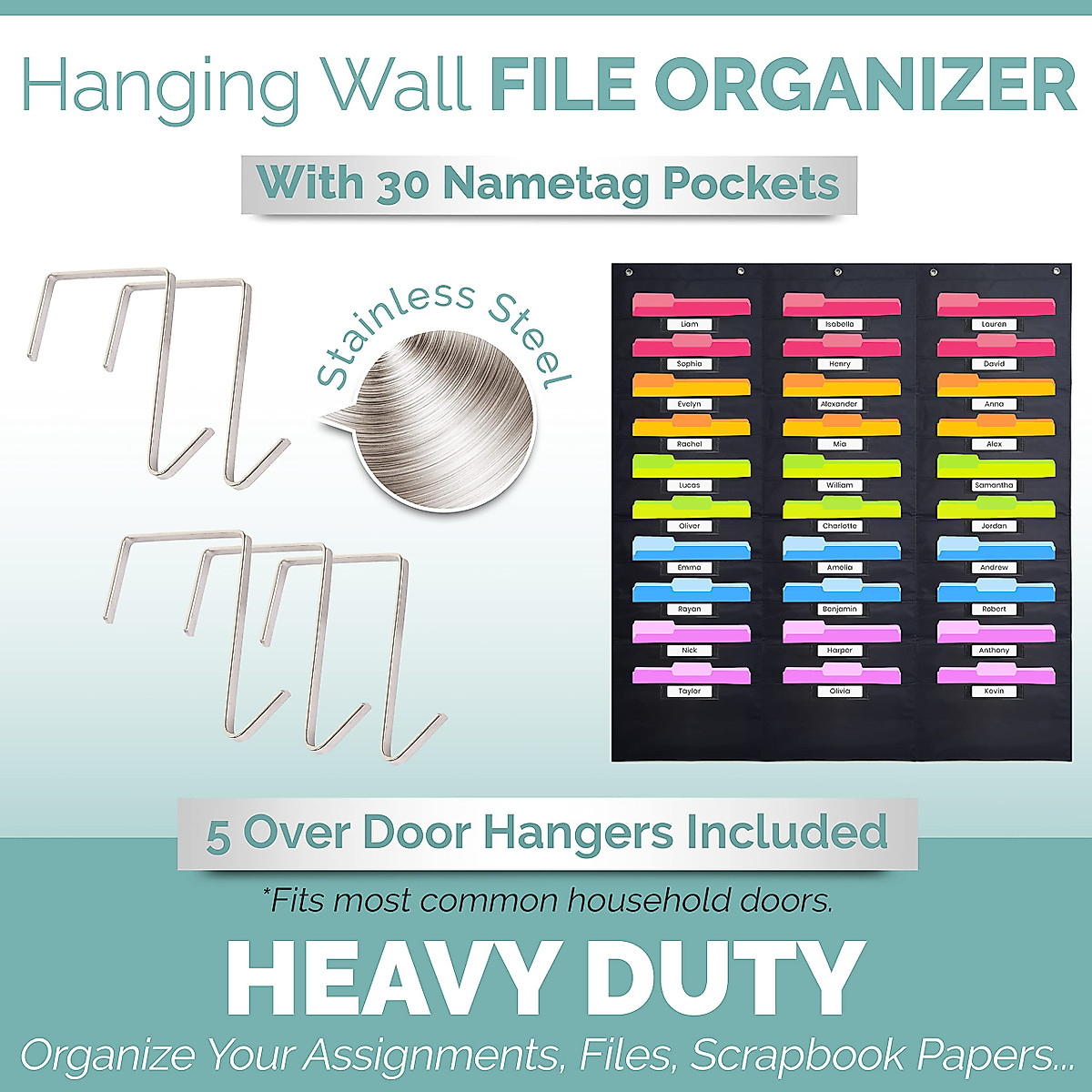 Black Pocket Chart for Classroom - 30 Pocket Storage Black Pocket Charts , 5 Over Door Hangers Included, Hanging Wall File Organizer for File Folders, School Mailbox, Home/Office Papers