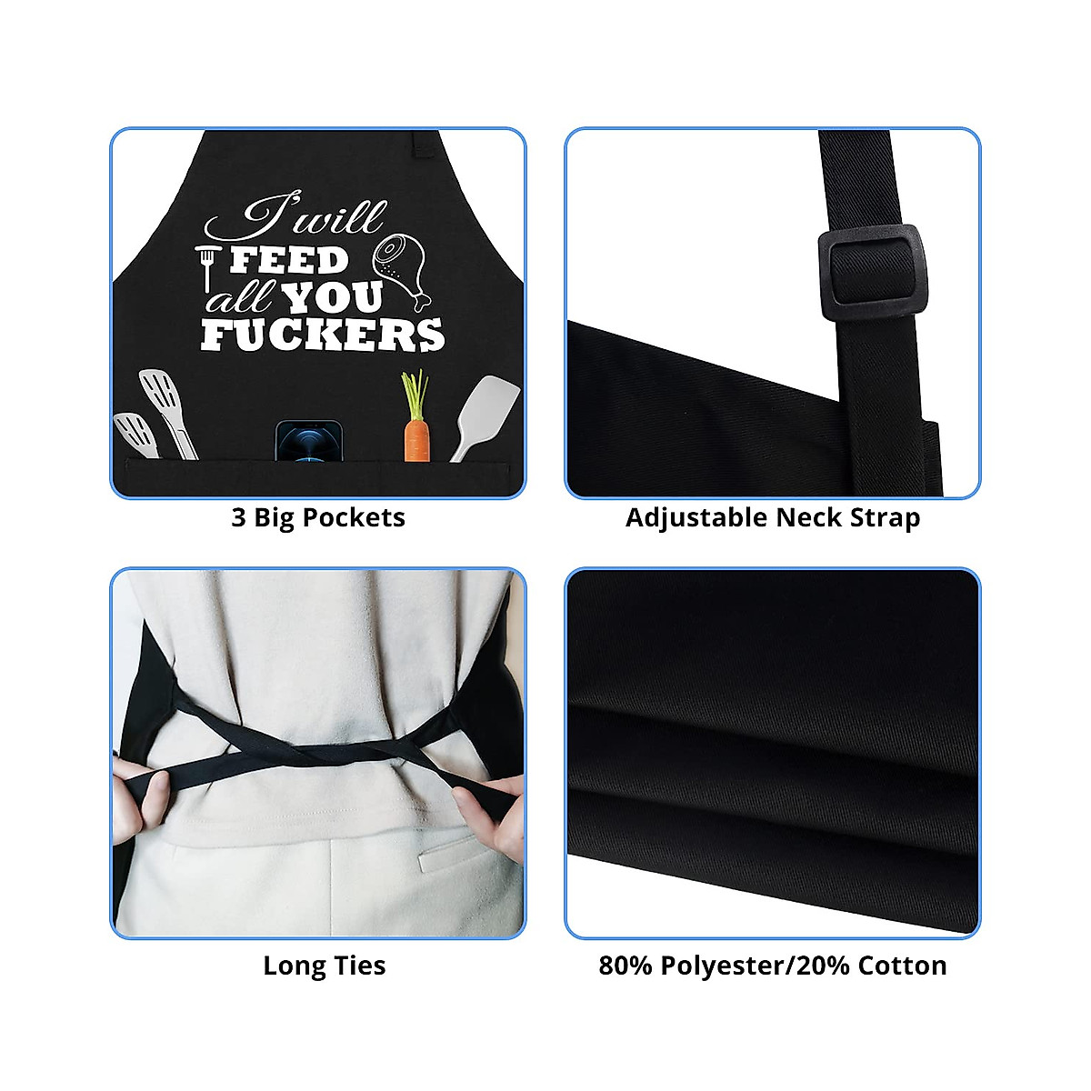 KITCHEPOOL Funny Apron for Men, Chef Aprons for Women with 3 Pockets, Adjustable Bid Kitchen Aprons for Chef, Cooking Apron for BBQ, Baking - I Will Feed You