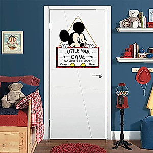 Little Man Cave Wooden Hanging Wall Sign, Mouse Wood Hanging Sign for Boy's Room Decoration, Baby Boy Nursery Door Sign Decor For Toddlers Kids Bedroom Red & Black Buffalo Plaid