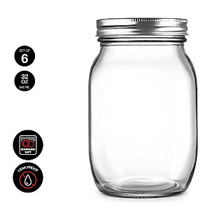 Quality Glass Mason Jars 32 Ounce (6 Pack) Regular Mouth Glass Mason Jar with Lids & Bands, Dishwasher Safe. Ideal for Canning, Pickling, Jam, Meal Prep, Food Storage - Bonus Chalkboard Label & Pen