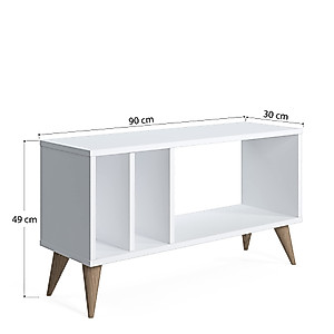 Ruumstore Norm TV Stand 35'', with 3 Open Shelves, TV Stand for Media, Natural Wooden Legs, Opaque White