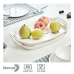 DOWAN Serving Tray with Handles, 15.4" Large Rectangle Platter for Entertaining Party Display, White Porcelain Platters for Food Veggie Appetizer Cake, Plates for Restaurants, Set of 2