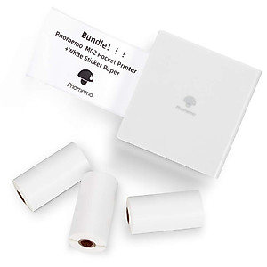 Phomemo M02 Pocket Printer- Mini Bluetooth Thermal Printer with 3 Rolls White Sticker Paper, Compatible with iOS + Android for Learning Assistance, Study Notes, Journal, Fun, Work，White