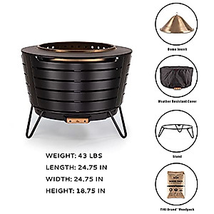 TIKI Brand Smokeless 24.75 in. Patio Fire Pit, Wood Burning Outdoor Fire Pit - Includes Wood Pack, Modern Design with Removable Ash Pan and Weather Resistant Cover, Black
