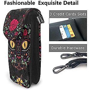 Day of the Dead Kitty Cat Sugar Skull Women Soft PU Leather Cellphone Purse Wallet Handbag Small Crossbody Shoulder Bag