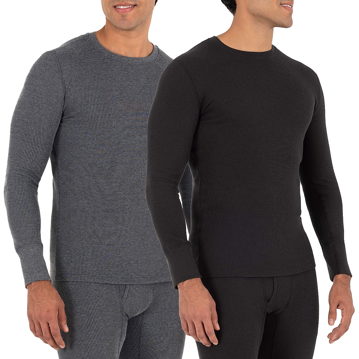 Fruit of the Loom Men's Recycled Waffle Thermal Underwear Crew Top (1 and 2 Packs), Black/Greystone Heather, Large
