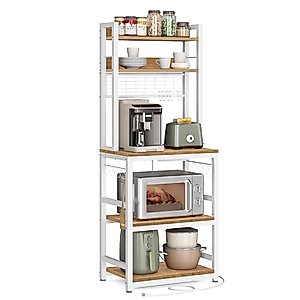 VASAGLE Hutch Bakers Rack with Power Outlet, 14 Hooks Microwave Stand, Adjustable Coffee Bar with Metal Wire Panel, Kitchen Storage Shelf, 15.7 x 23.6 x 66.9 Inches, Rustic Walnut and White UKKS037W41