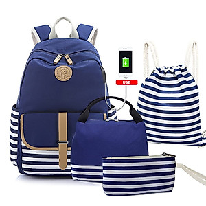 4 Piece Striped Student Backpack set Boys Girls School Bag Teen Leisure Travel Bag