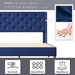 IDEALHOUSE Queen Size Bed Frame with Wingback, Upholstered Platform Bed with Diamond Tufted Headboard, Wooden Slats Support, Easy Assembly, Noise-Free, No Box Spring Needed, Dark Blue