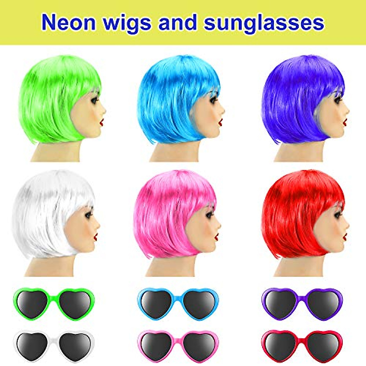 6 Pieces Party Wigs and Sunglasses Set Include Neon Short Bob Wig Colorful Sunglasses Cosplay Wig Daily Party Hairpieces for Halloween Party Supplies