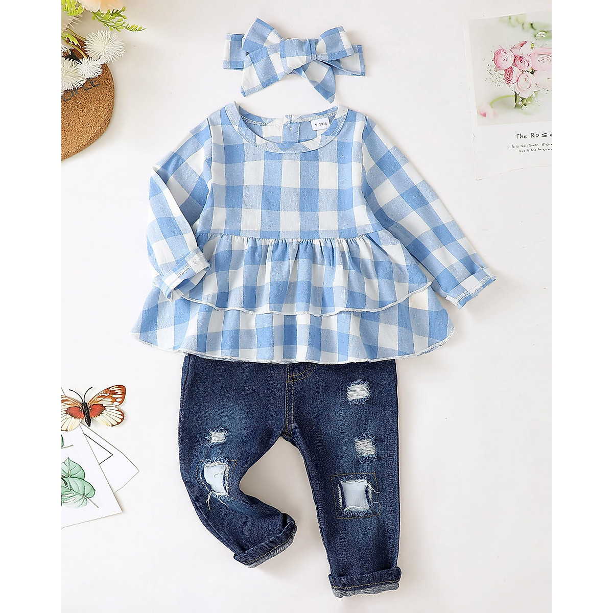 Renotemy 18-24 Months Girls Clothes Toddler Girl Outfits 2T Girl Clothes Cute Toddler Girls Clothes Blue Plaid Denim 18-24 Months Fall Winter
