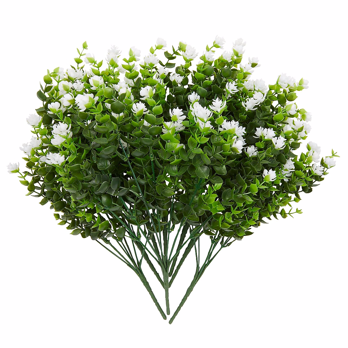 Artificial Outdoor Flowers with Eucalyptus Leaves for Gardens (White, 6 x 13.5 Inches, 8 Bundles)