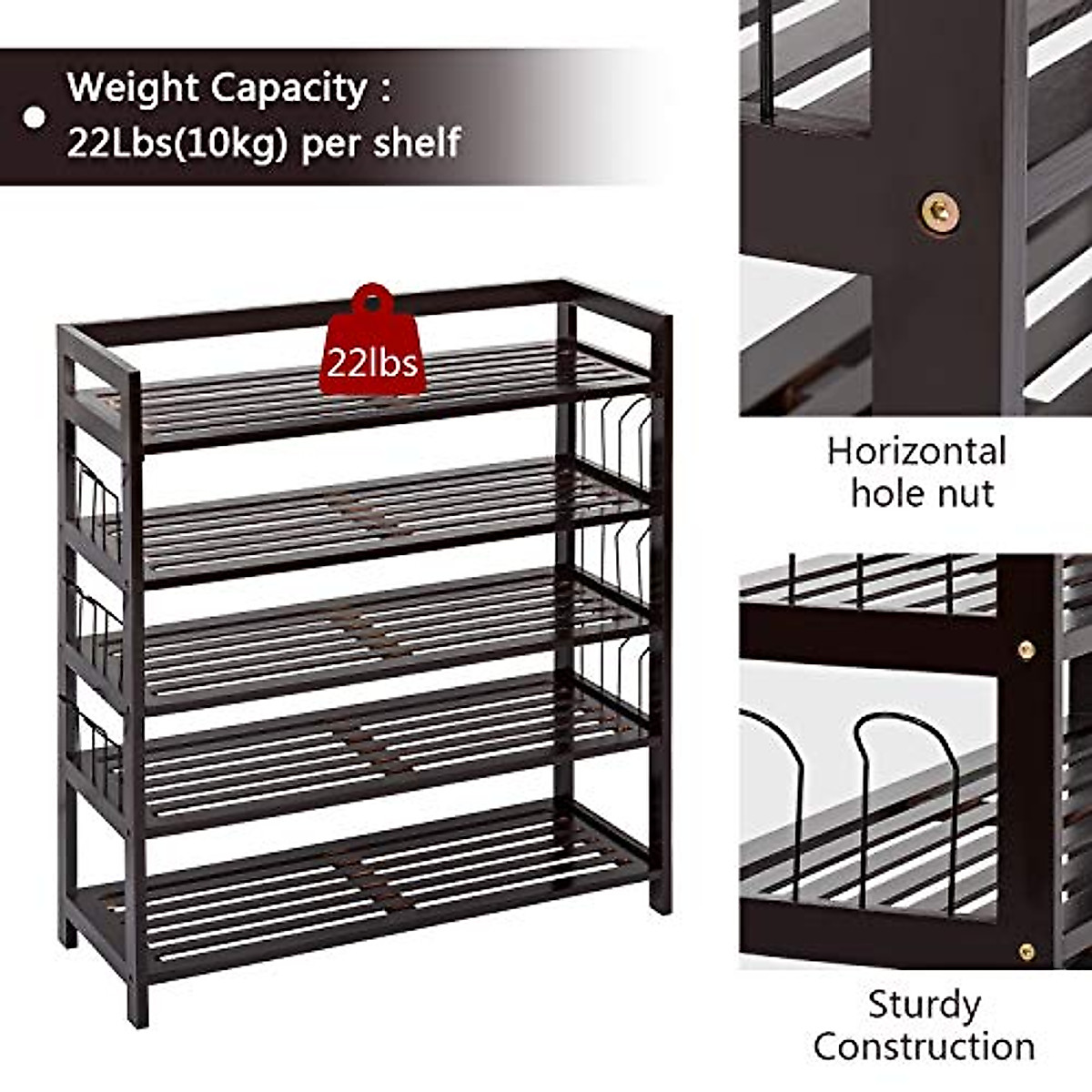 Kinsuite Shoe Rack Organizer 5-Tier Bamboo Shoe Shelf Free Standing Adjustable Shelves with 12 Hooks for Entryway Closet Bedroom, Dark Brown