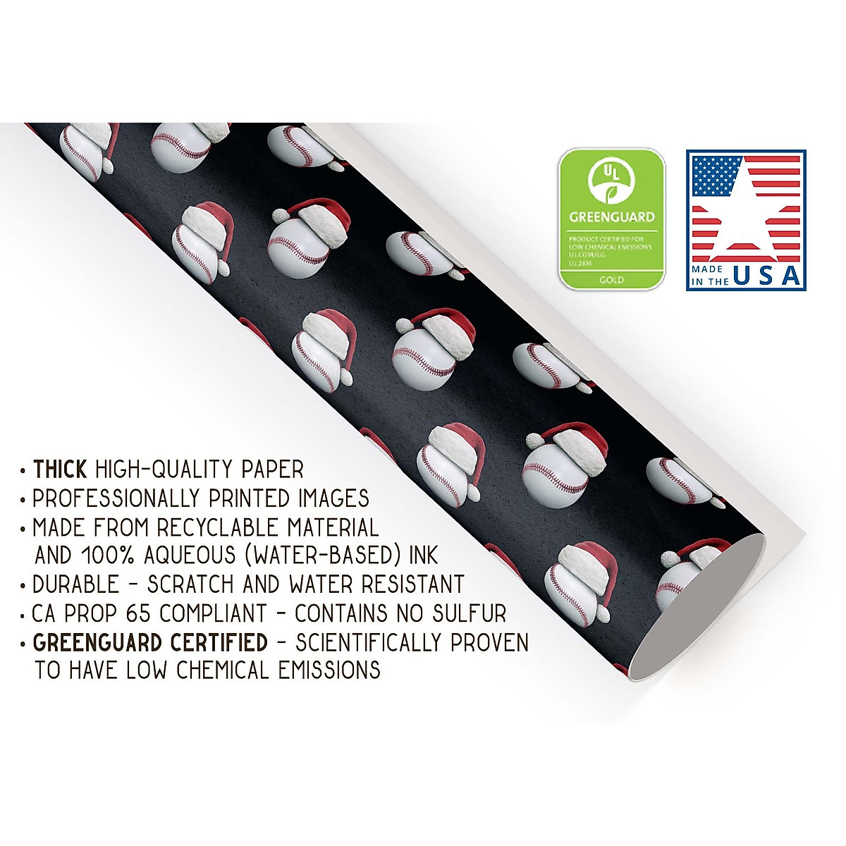 Cute Santa Hat Baseball Gift Wrap Thick Wrapping Paper Bball Themed Christmas Holiday Party Decoration (One 20 inch x 30 inch sheet)