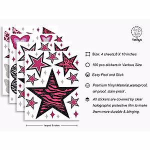 TwoDays 100PCS Y2K Room Decor Aesthetic Wall Decal, 2000s Mcbling Vinyl Peel and Stick Stickers for College Teen Girls Bedroom, Pink Stars Trashy Y2k Decorations for Women Apartment.
