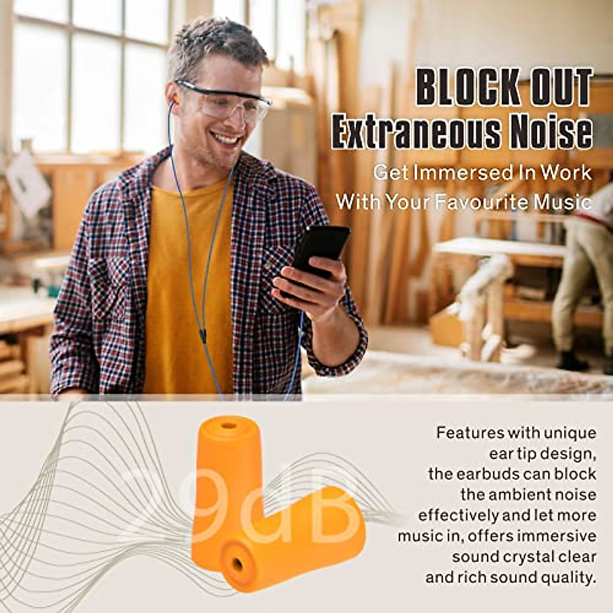 Hearprotek earplug Headphones for Work, Safety Foam Earbuds Headphones That Look Like earplugs for Hearing Protection Noise Isolation-Great for Work Shift, Construction, Lawn Mowing, Heavy Machinery