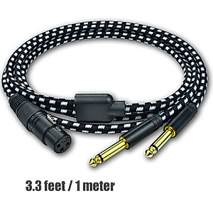 Mugteeve XLR Female to Dual 1/4 Splitter Cable, 3.3Feet Female XLR to Double Quarter Inch TS Mono Breakout Y Cable, Heavy Duty Nylon Braided, OFC Shielded, for Mixer, Studio Monitor, Audio Interface