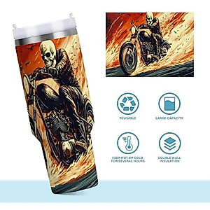 Jihqo Retro Skeleton Motorcycle 40 oz Stainless Steel Vacuum Insulated Tumbler with Handle and Straw Lid, Leakproof Water Bottle Double Wall Travel Mug Coffee Cup, Cupholder Friendly