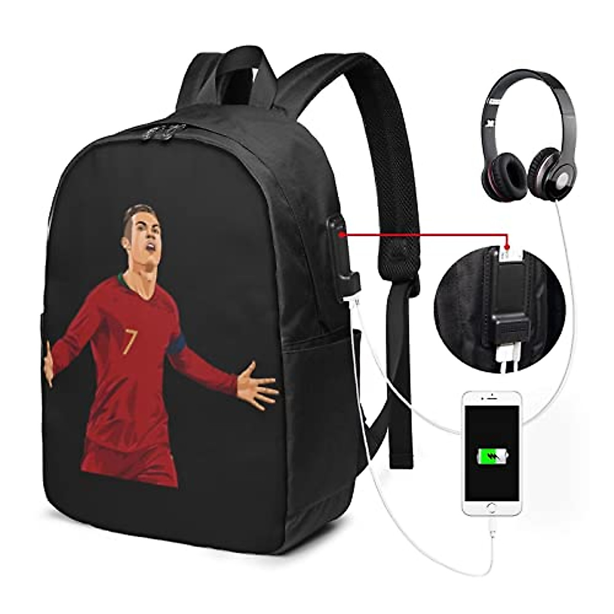 Ronaldo #7 Cr7 Adult Youth Backpacks Student Bag Laptop Bag Bookbag Usb Backpack 17 Inch For Daily