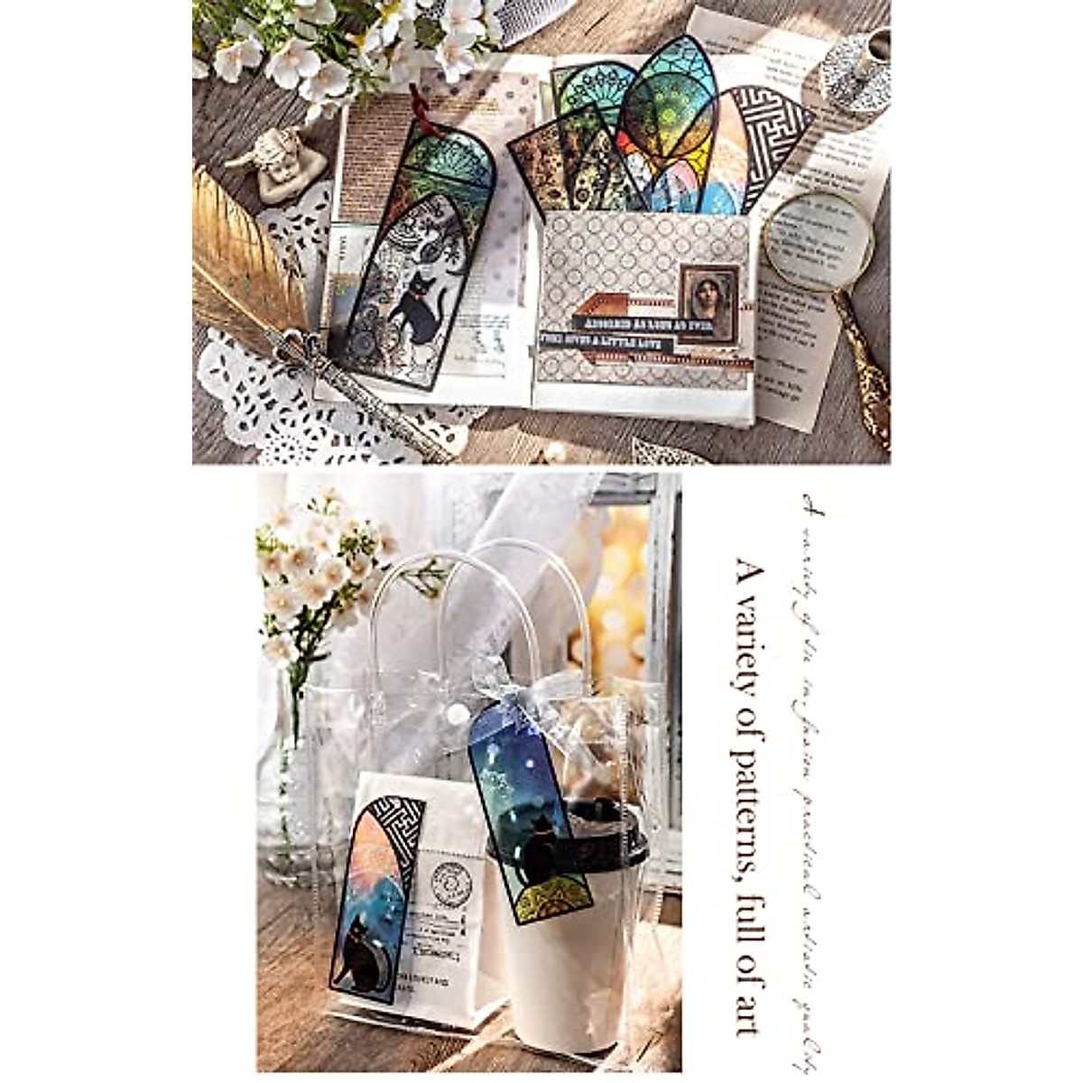 PUDIS Cool Bookmarks, Waterproof, 6 Pieces Bookmarks for Book Lovers, Women, Men, Unique Book Mark for Boys, Girls, Students, Classroom Gifts, School Prize, Reading Present (Cat and Moon)