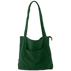 ALUWU Corduroy Tote Bag for Women Corduroy Purse with Front Pocket and Zipper Shoulder Hobo Handbags Simple Canvas Purse, Forest Green