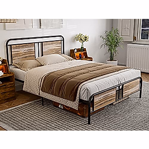 IKIFLY Metal Queen Size Platform Bed Frame with Industrial Wood Headboard/Footboard, Strong Metal Slats, Easy Assembly, Noise-Free, No Box Spring Needed - Wood Brown