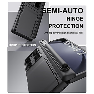 SIXBOX for Samsung Galaxy Z Fold 5 Case with Card Holder & S Pen Holder & Slide Lens Cover, Built-in Hinge Protection & Screen Protector, Durable Sturdy Phone Cover Case for Galaxy Z Fold 5, Black