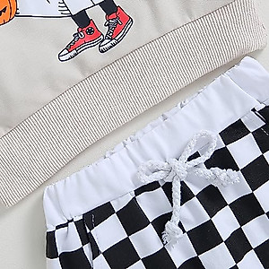 Lamuusaa Newborn Baby Boy Halloween Outfit Ghost Crewneck Sweatshirt Tops Checkerboard Pants Halloween Baby Clothes 0-3T