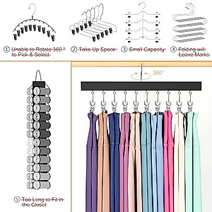 Closet Organizer, Legging Organizer for Closet, Wooden Hangers with Clips Holds 20 Leggings/Pants/Jeans/Shorts, Hanging Closet Organizer w/Rubber Coated, 360°Rotating Hook, Space Saving, 2Pcs Black