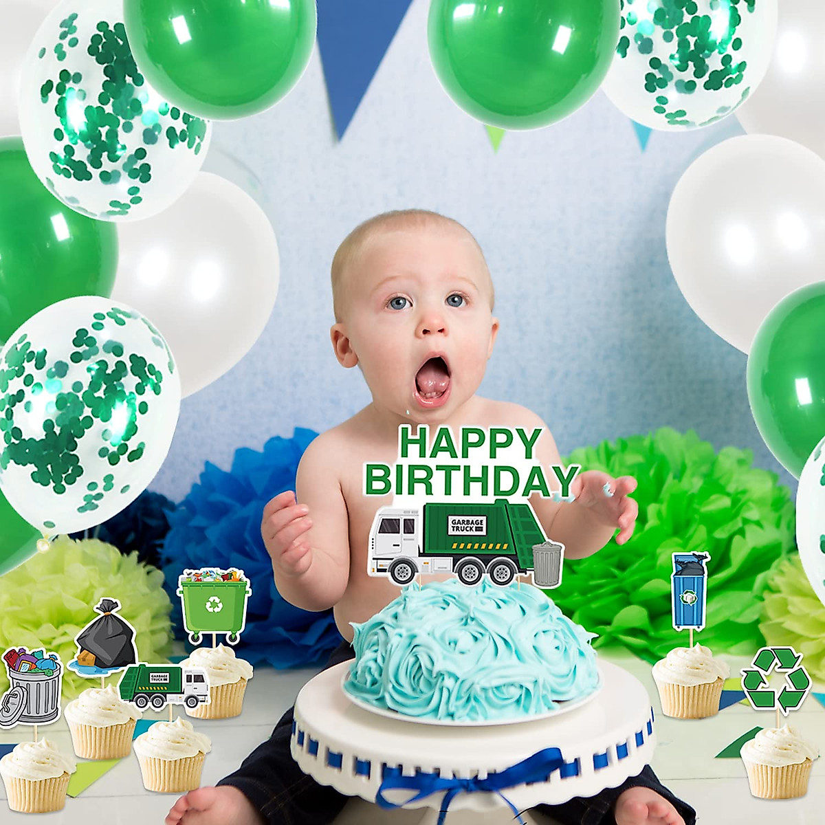 KEFAN Trash Truck Party Decorations, Garbage Truck Birthday Party Supplies with Happy Birthday Banner, latex Balloons, cupcake Toppers, for Kids Waste Management Recycling Birthday Party Decor