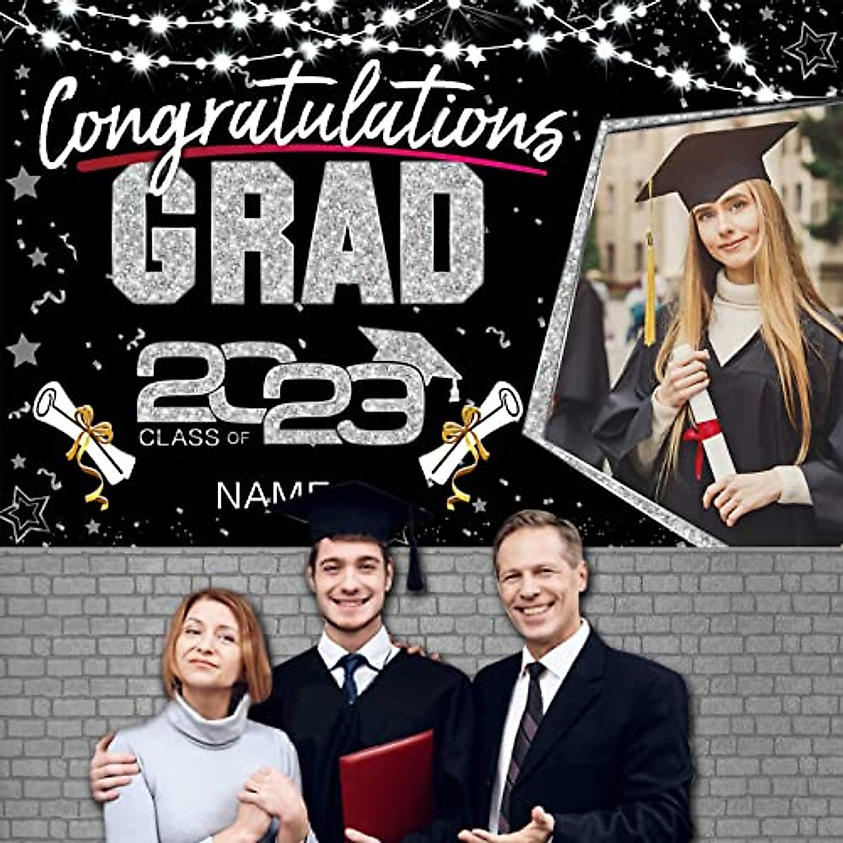 Custom Graduation Party Decorations 2023-Personalization Congratulations Graduation Banner-Class of 2023 Graduation Decorations Supplies(Black and Silver)