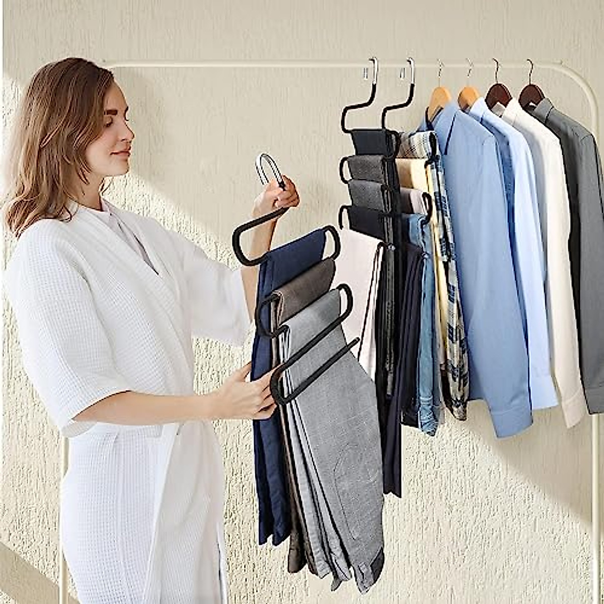 3 Pack Velvet Pants Organizer Space Saving - 5 Tier Closet Organizers and Storage Pants Rack- GIGPADE Non Slip Jean Hangers Pants Trouser for Closet, Scarf Pants Organizer(Black)