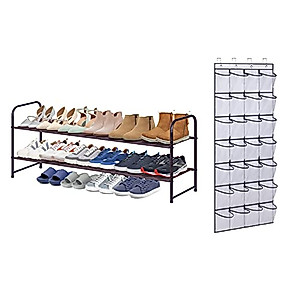 AOODA 2 Tier Long Shoe Rack for Closet Wide Low Shoe Shelf, 28 Large Mesh Pockets Over The Door Shoe Organizer Hanging, 2 Item Bundle