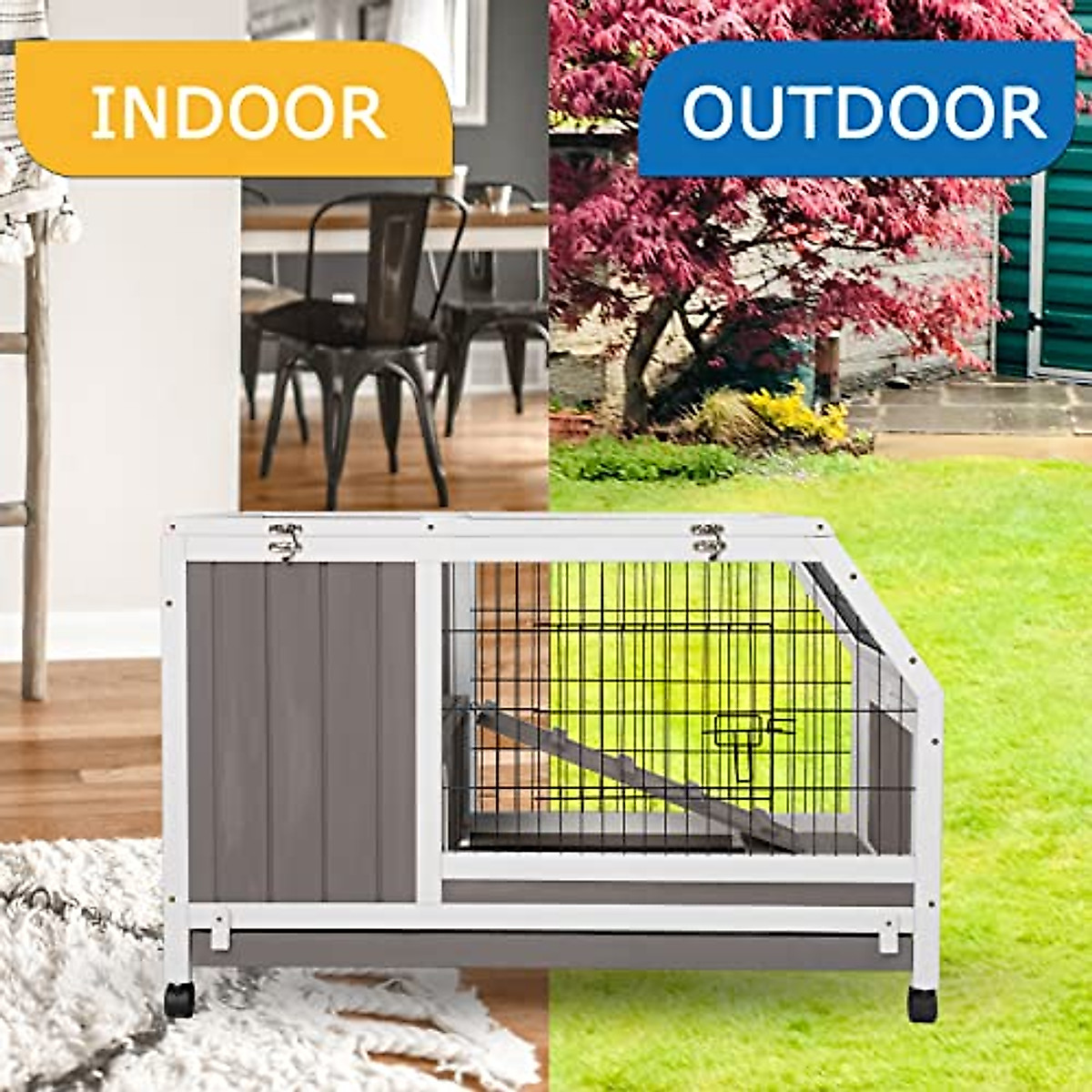 Petscosset Rabbit Hutch Indoor - Rabbit Cage Indoor Rabbit Hutch Two Story Bunny Cage Wooden Rabbit Cage on Wheels, Ramp, Two Deep No Leak Pull Out Tray (RAB Hutch 08 Grey)