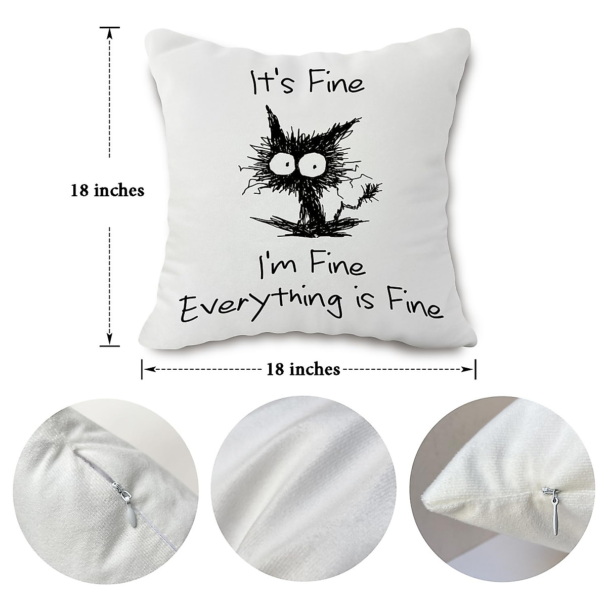 Inspirational Quotes Throw Pillow Cover, Everything is Fine Sofa Home Bed Decor Study Black Cat Couch Case, 18 x 18 Inches Pillowcase Gift for School Office Bedroom Living Room Reading Room -13