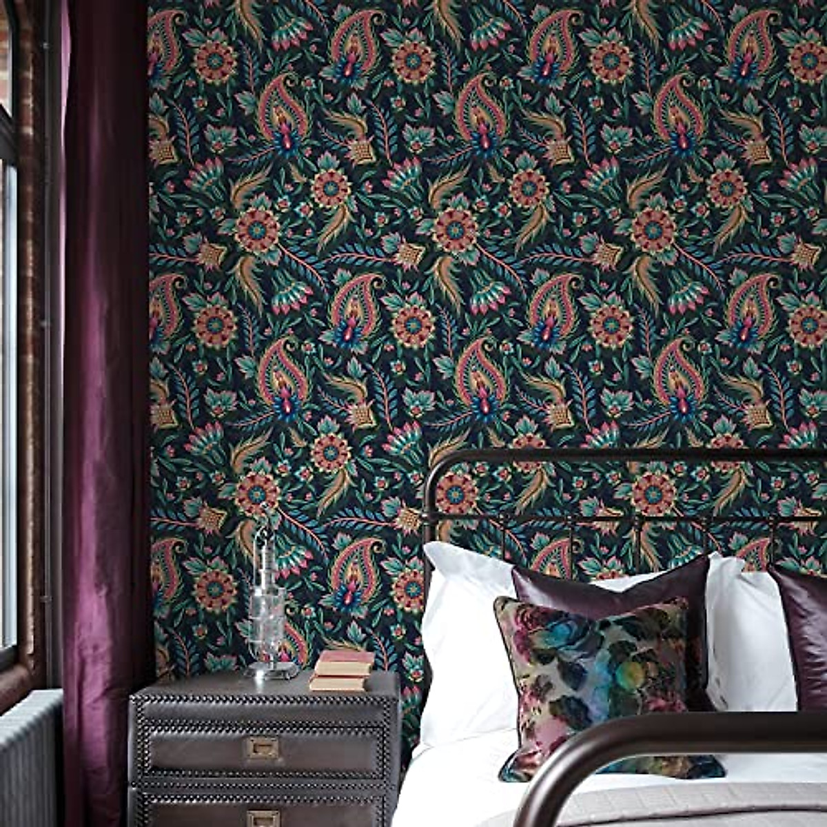JiffDiff Floral Wallpaper Peel and Stick Vintage Wallpaper Paisley 17.3"x118" Navy Dark Blue/Pink Wallpaper Self Adhesive Contact Paper for Home Bedroom Cabinets Renter Friendly Wallpaper